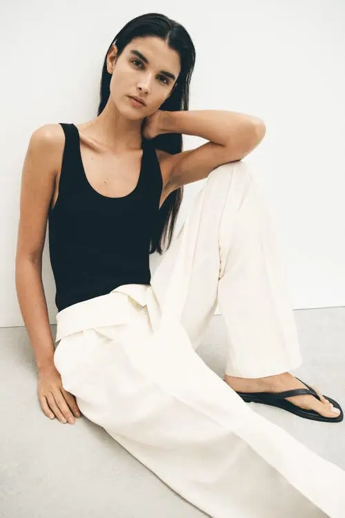 H&m Foldover-waist Linen-blend Trousers - Cream