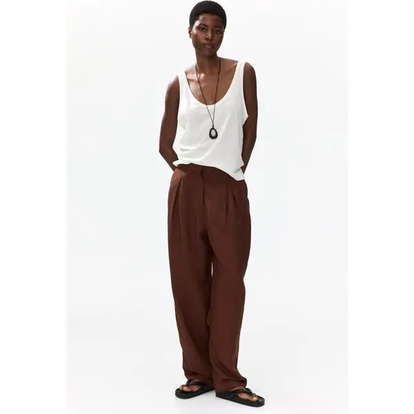 H&m Linen-blend Barrel Trousers - Brown