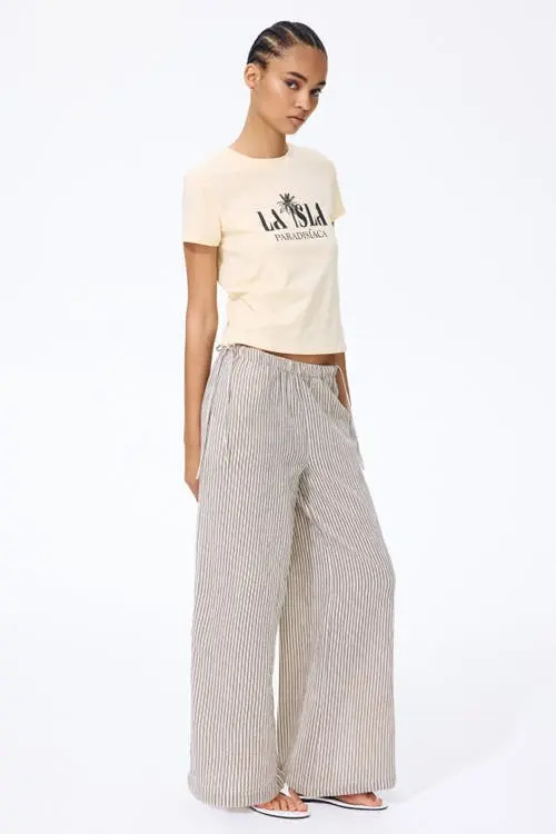 H&m Drawstring-detail Muslin Trousers - Light Beige/striped