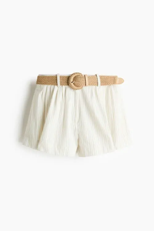 H&M Belted Cotton Eyelet Shorts - Light Beige/striped