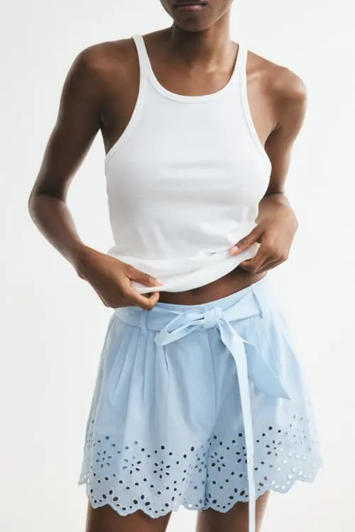 H&M Belted Cotton Eyelet Shorts - Light Blue