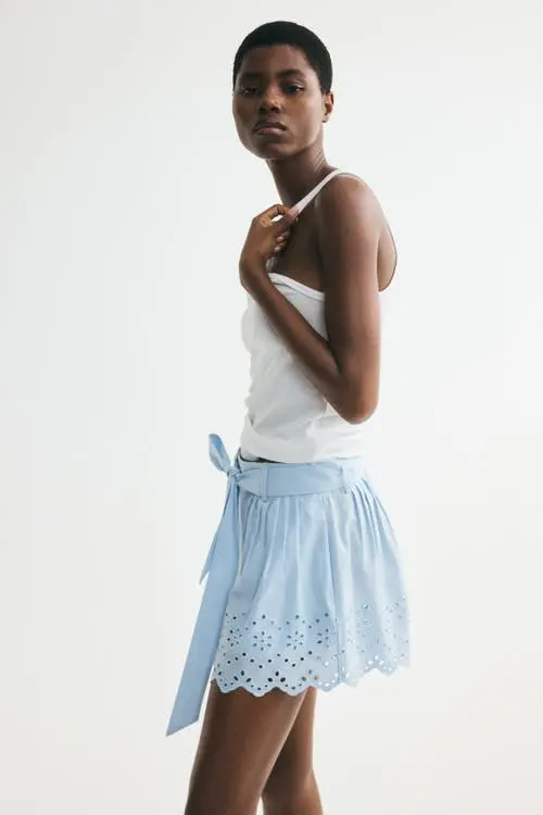 H&M Belted Cotton Eyelet Shorts - Light Blue