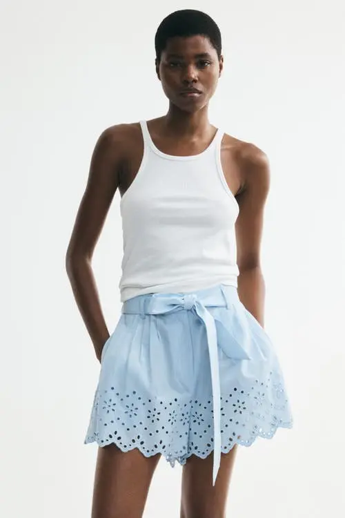 H&M Belted Cotton Eyelet Shorts - Light Blue