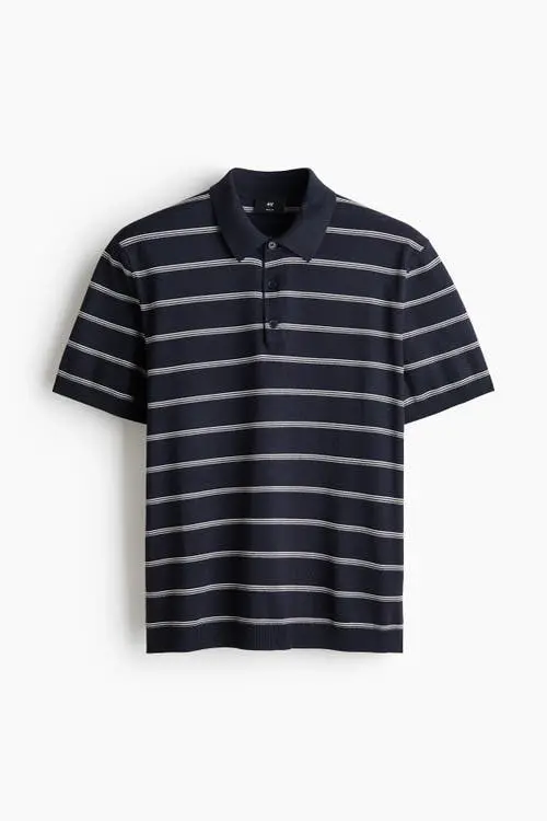 H&m Regular Fit Polo Shirt - Dark Blue/striped