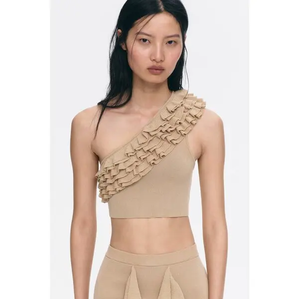 H&m Ruffled One-shoulder Crop Top - Beige