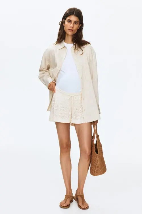 H&m Mama Pointelle-knit Drawstring Shorts - Light Beige
