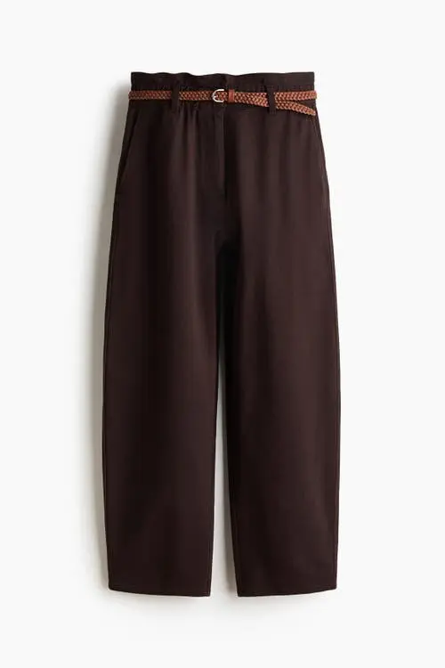 H&m Belted Barrel Trousers - Dark Brown