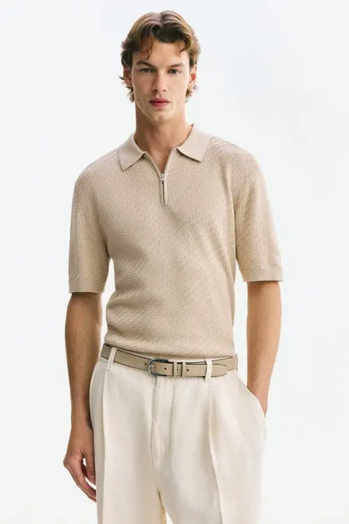 H&m Slim Fit Textured Polo Shirt - Beige