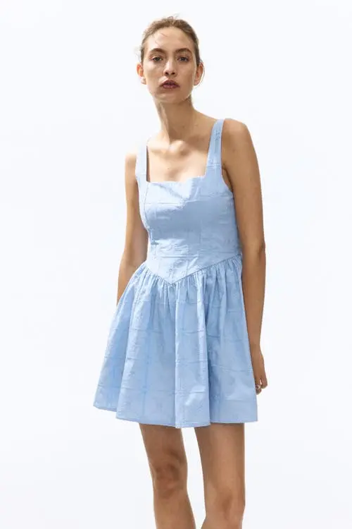 H&m Embroidered Flared-skirt Mini Dress - Light Blue