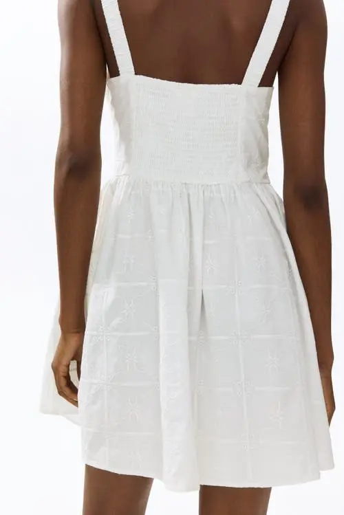 H&m Embroidered Flared-skirt Dress - White