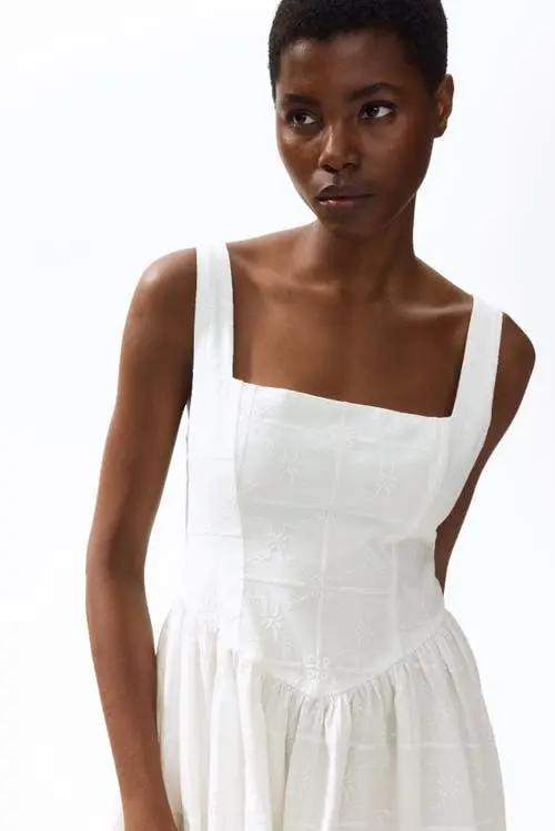 H&m Embroidered Flared-skirt Dress - White