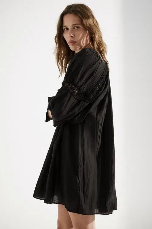 H&M Lace-inset Tunic Dress - Black
