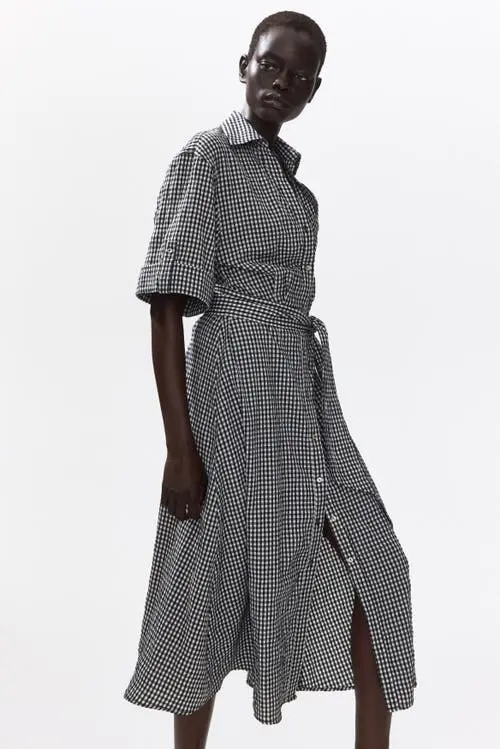 H&m Tie-belt Dress - Black/gingham