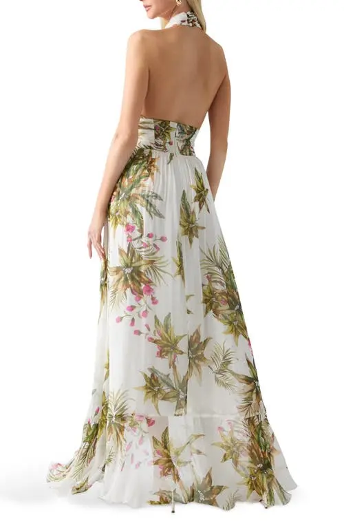 MARCIANO Hassana Floral Print Halter Maxi Dress