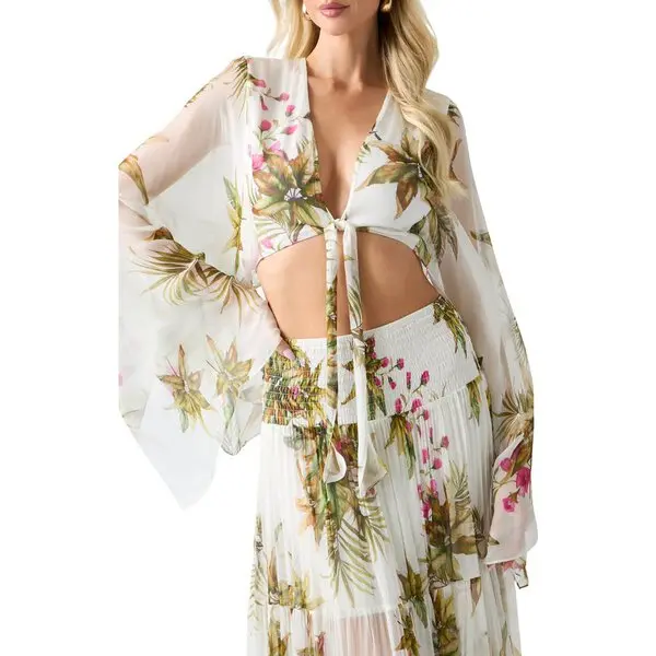 MARCIANO Tamia Print Bell Sleeve Crop Top