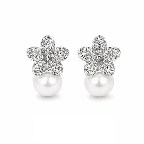 VICSTONENYC FINE JEWELRY Camellia Pearl And Cubic Zirconia Earrings - Silver