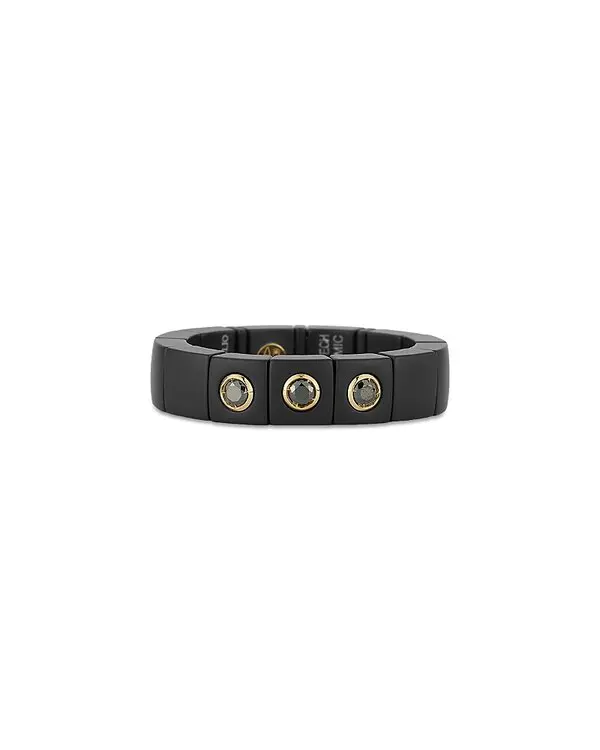 DEMEGLIO 18k Yellow Gold Scacco Bezel Diamond Trio Ceramic Stretch Ring - Black