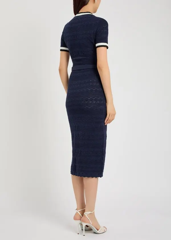 SELF-PORTRAIT Pointelle-knit Midi Dress With Floral Brooch And Pearl Embellished Belt