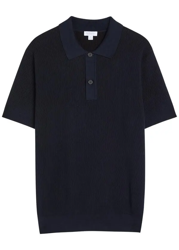 Sunspel Ribbed Knit Cotton Polo Shirt