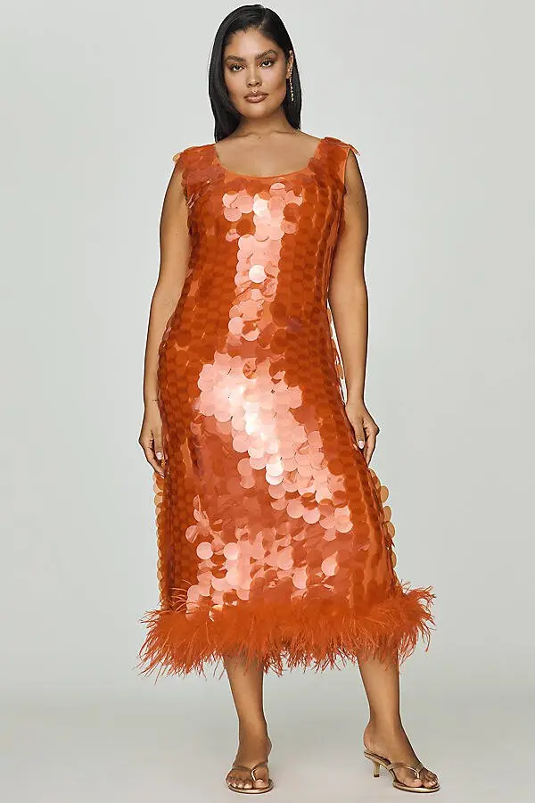 HUTCH Scoop-neck Sequ Midi Dress - Orange