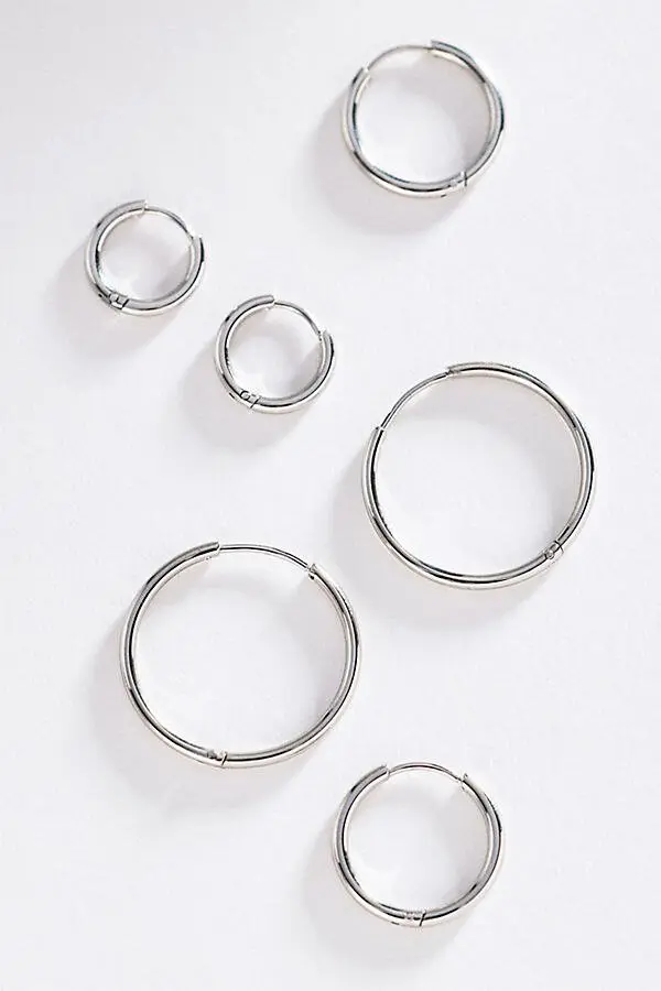 Anthropologie Water-resistant Hoop Earrings, Set Of 3 - Silver