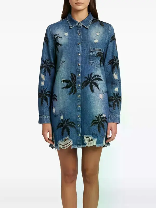 Philipp Plein Loro Piana Distressed Aloha Print Denim Jacket - Blue