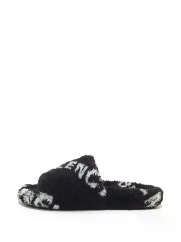 Balenciaga Intarsia Logo Shearling Slides - Black