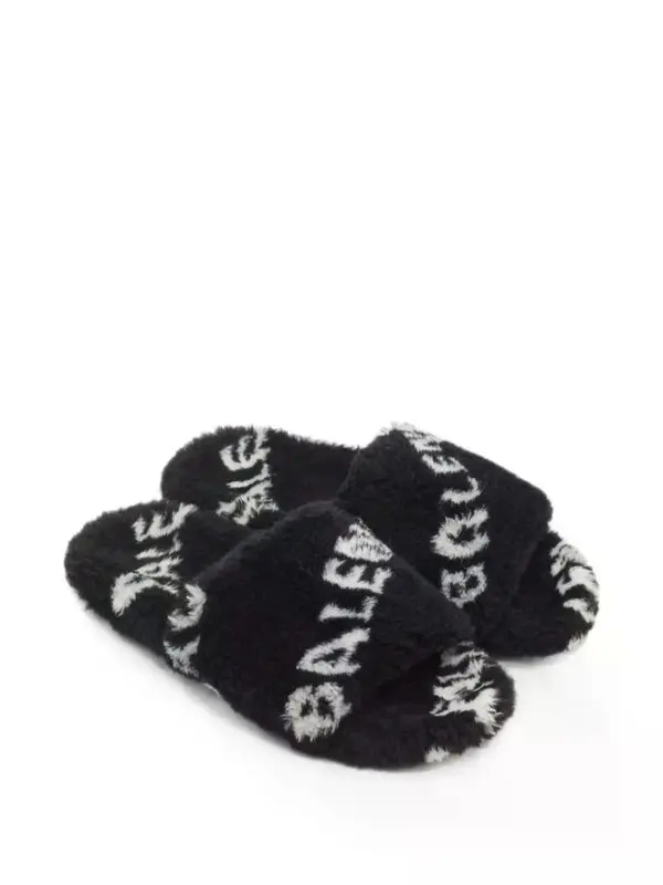 Balenciaga Intarsia Logo Shearling Slides