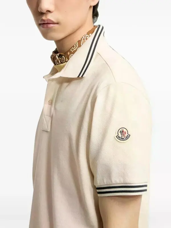 Moncler Striped Trim Cotton Piquet Polo Shirt - Neutrals
