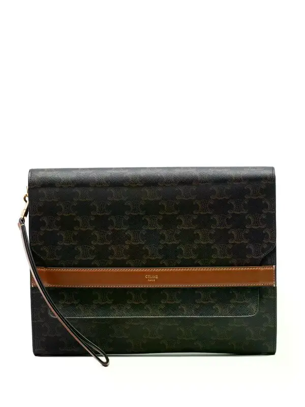 Celine Triomphe Coated Canvas Wristlet Flap Pouch Clutch Bag - Brown