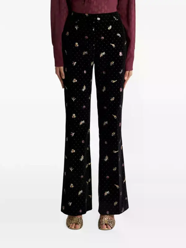 Etro Cotton Velvet Trousers With Floral And Animal Motif - Black