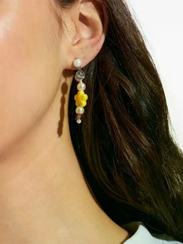 Off-White Floral-beaded Drop Earrings With Arrow Motif