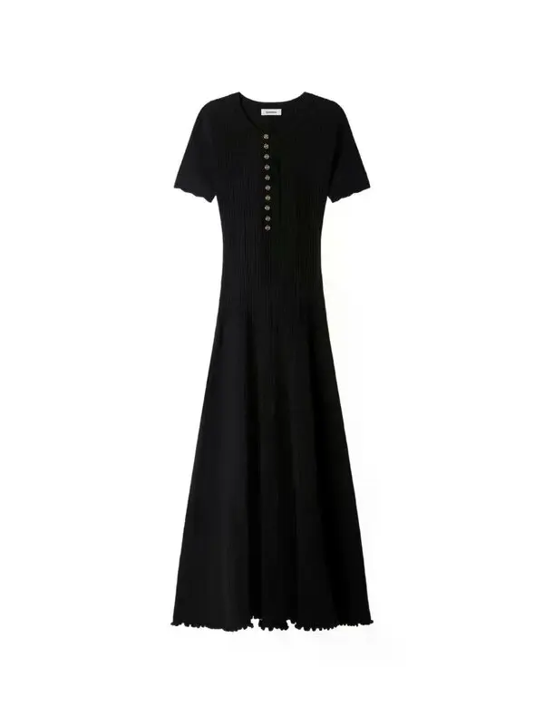 Sandro Ribbed Knit Midi Dress With Button Front - Black