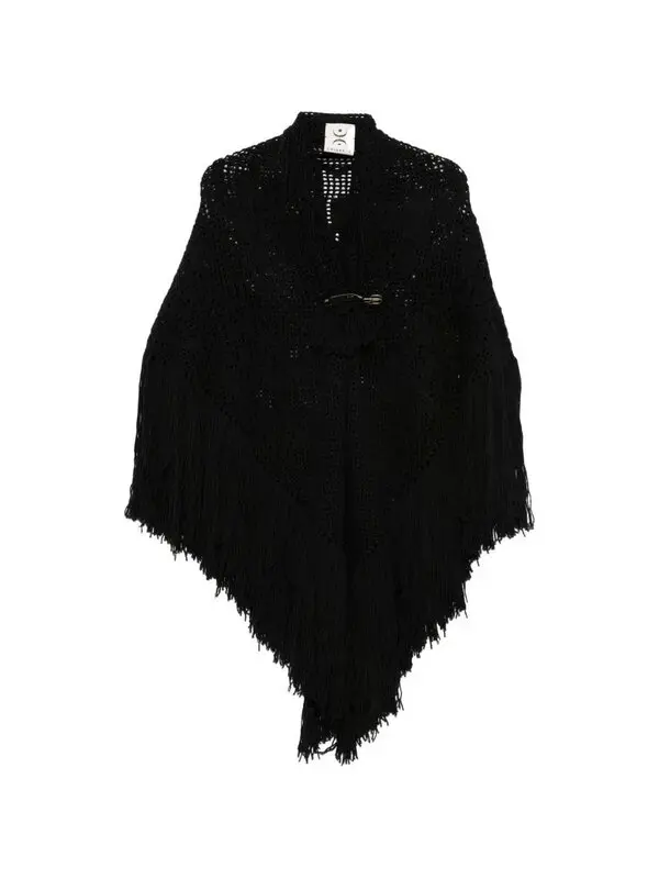 CHIARA IS Crochet Knit Fringed Poncho - Black