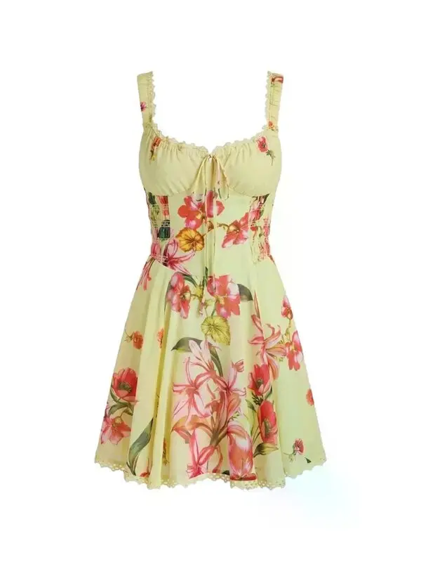 Charo Ruiz Ibiza Floral-print Lace-trim Mini Dress - Neutrals