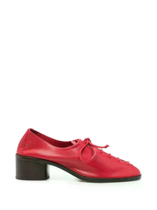 Hereu Leather Lace-up Square Toe Block Heel Shoes - Red