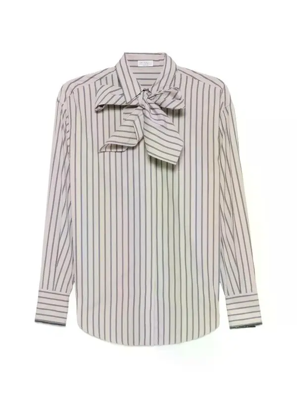 Brunello Cucinelli Striped Shirt With Neck-tie Detail - Neutrals