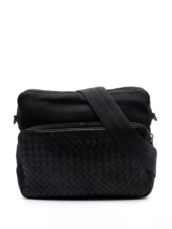 Bottega Veneta Nappa Intrecciato Trimmed Canvas Messenger Bag - Black