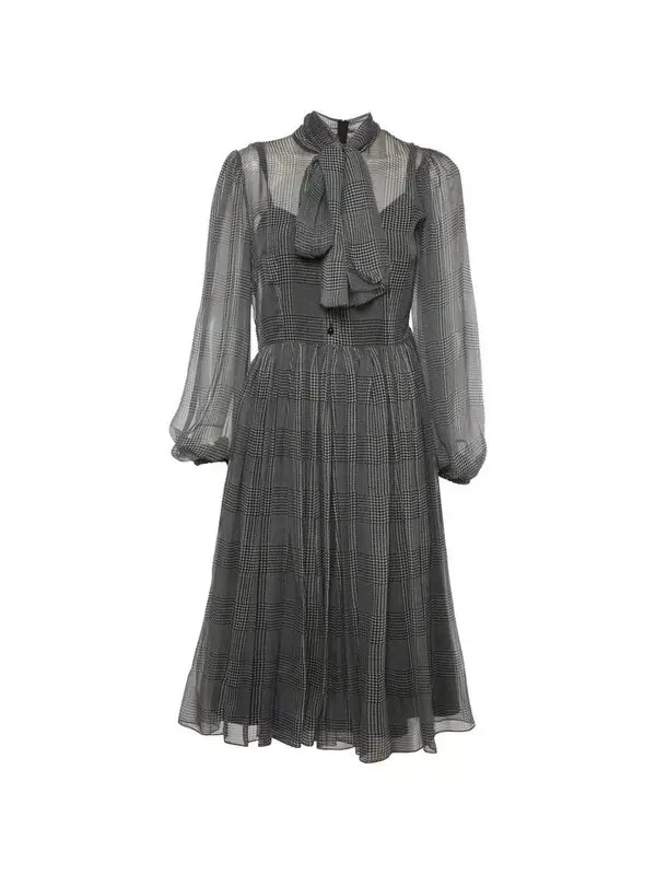 Dolce & Gabbana Glen Plaid Scarf-tie Midi Dress - Grey