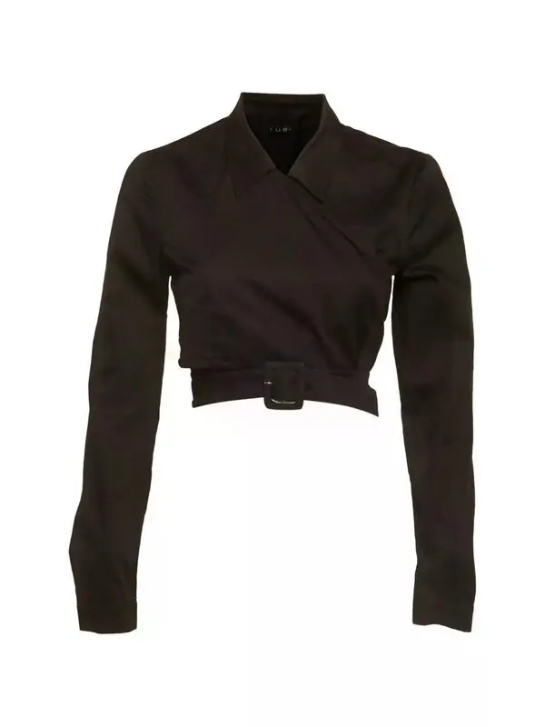 424 Cotton Cropped Wrap Top With Notched Collar - Black