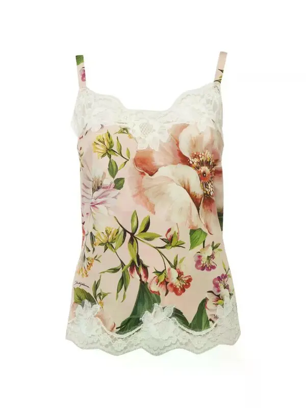Dolce & Gabbana Pink Floral Print Lace Trim Square Neck Top - Neutrals