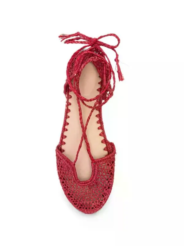 SLO_HAND_MADE Woven Raffia Ballet Flats With Tie Fastening