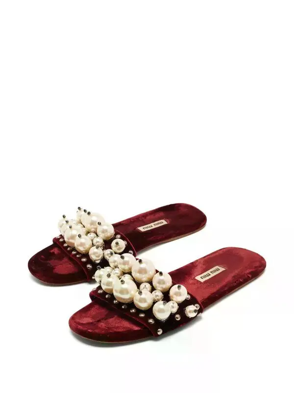 Miu Miu Embellished Velvet Slide Sandals - Red