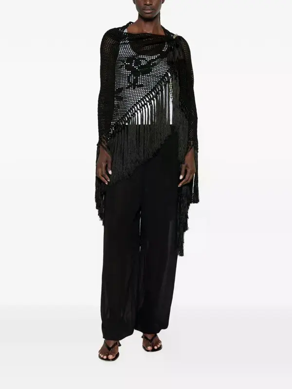 CHIARA IS Crochet Poncho With Fringe Trim - Black