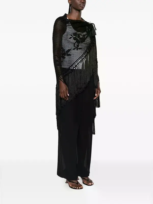 CHIARA IS Crochet Poncho With Fringe Trim - Black