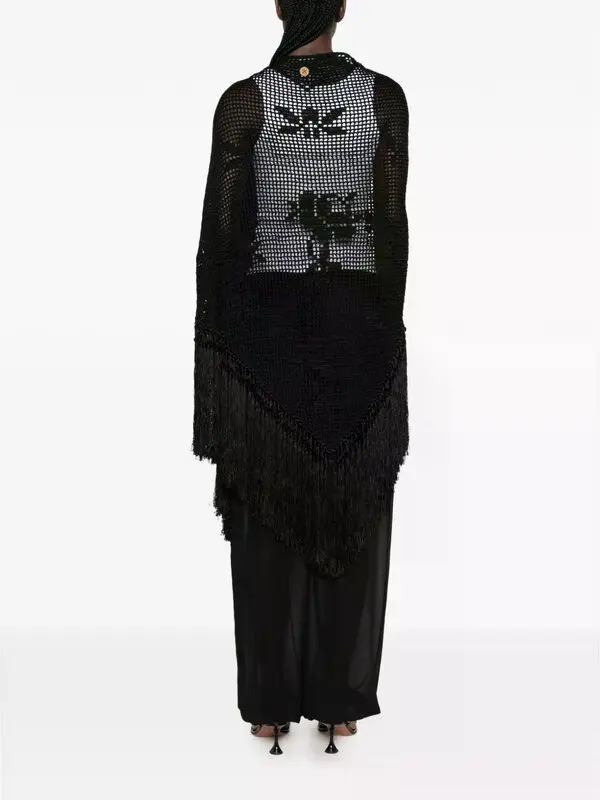 CHIARA IS Crochet Poncho With Fringe Trim - Black