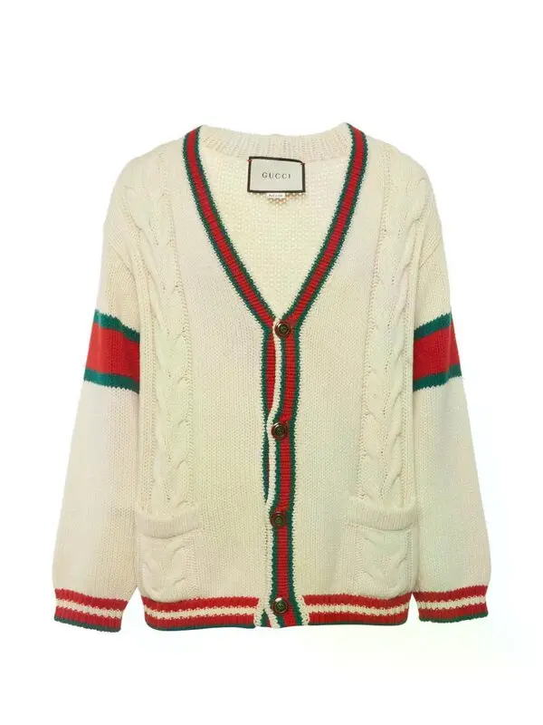 Gucci Web Stripe Cable Knit Cardigan - Neutrals