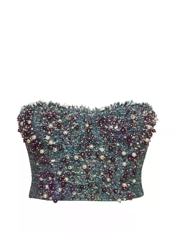 Elisabetta Franchi Embroidered Tweed Bustier Top - Blue