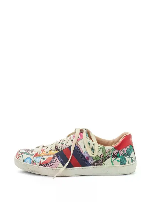 Gucci Ace Floral-print Leather Lace-up Sneakers - Neutrals