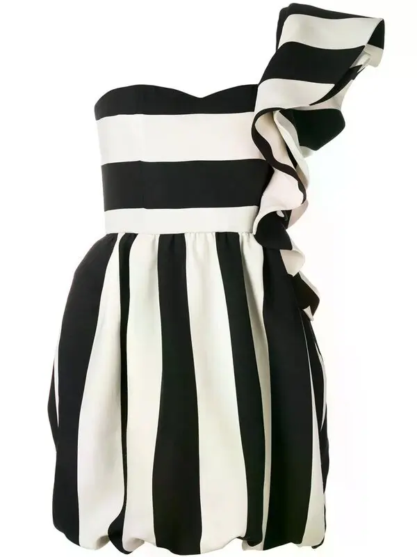 Valentino Garavani Striped One Shoulder Ruffle Dress - Black